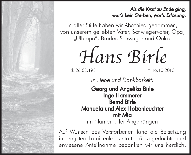 Traueranzeigen von Hans Birle | Gemeinsamtrauern.com | N-land