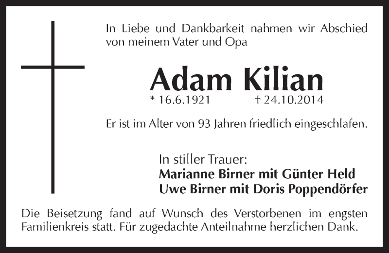 Traueranzeigen von Adam Kilian | Gemeinsamtrauern.com | N-land