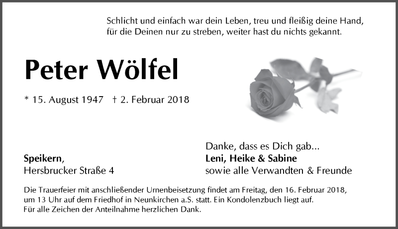 Traueranzeigen von Peter Wölfel | Gemeinsamtrauern.com | N-land