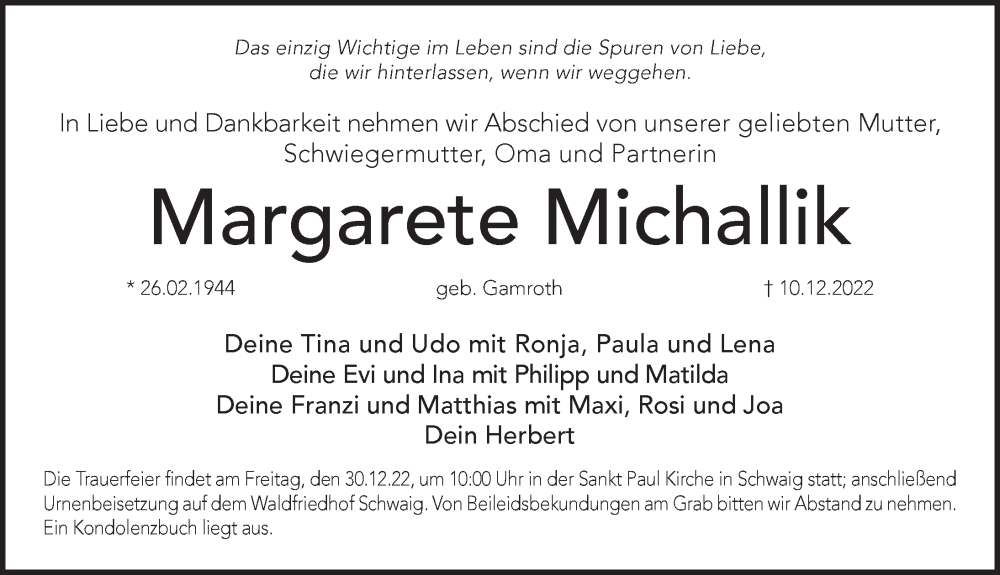 Traueranzeigen von Margarete Michallik | Gemeinsamtrauern.com | N-land